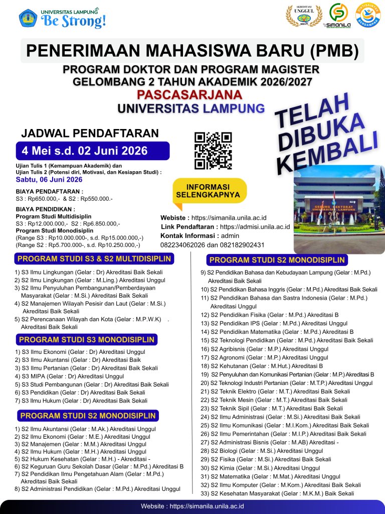 PENERIMAAN MAHASISWA BARU (PMB) – Program Pascasarjana Universitas Lampung